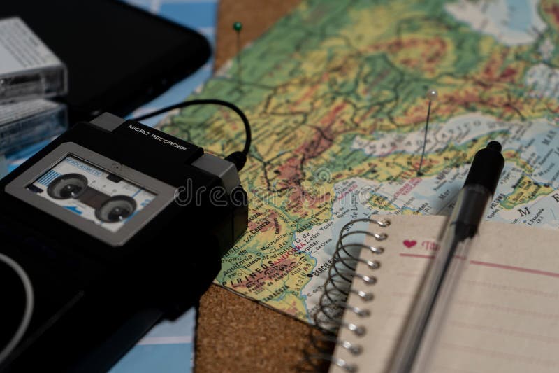 Old Micro Cassette Recorder with Its Mic and Several Cassettes Next To ...