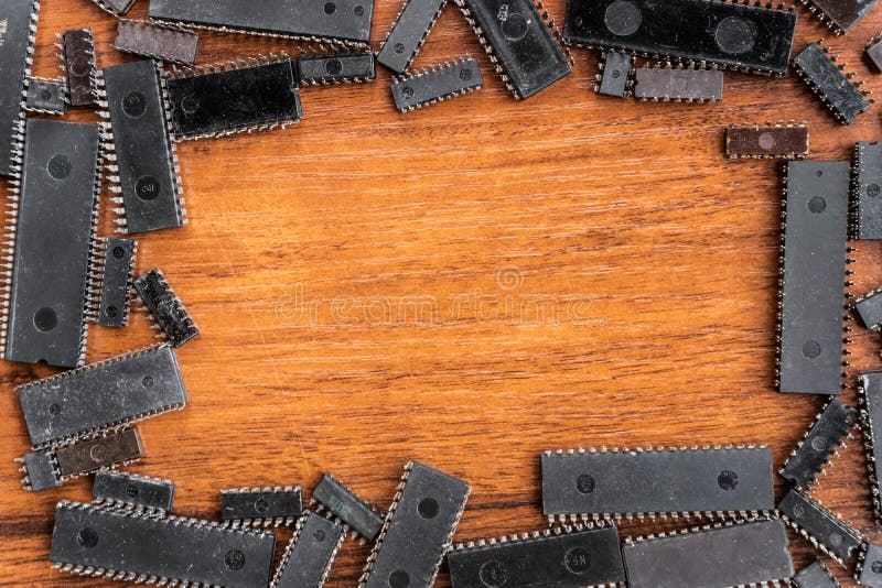 Old Microchips on a Wooden Table Lie in the Form of a Frame with Free ...