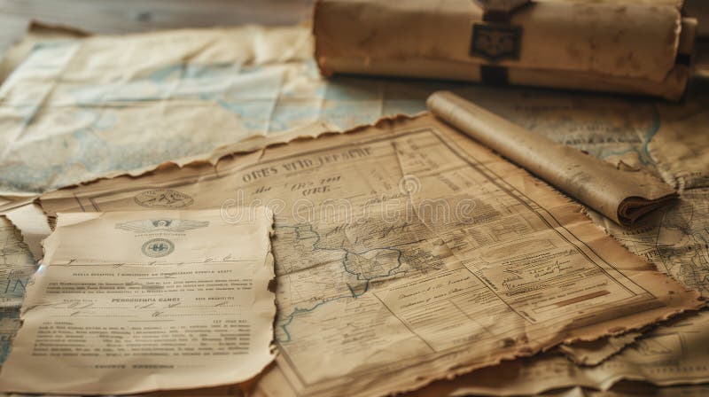 Old Military Certificates and Maps on a Table Stock Image - Image of ...