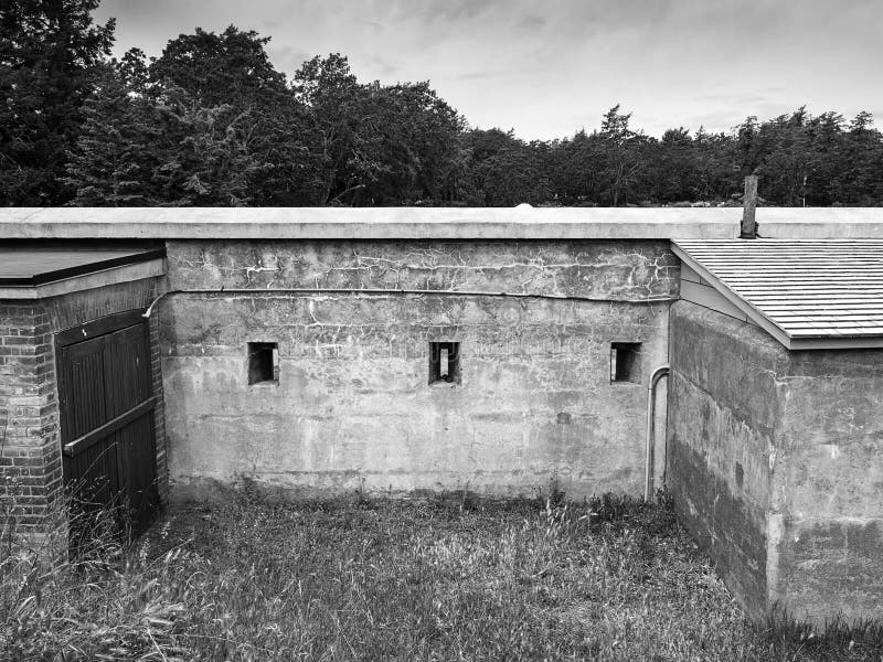 Old Military Fort Wall with Riffle Slits, Black and White Stock Image ...