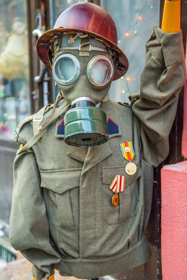 Old Military Uniform with Gas Mask and Old Military Helmet Stock Photo ...