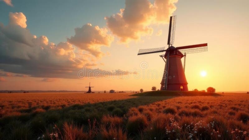 Old Mill in a Field at Sunset Stock Photo - Image of holland, wheat ...
