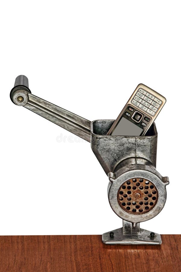Old Mobile Phone in Meat Grinder on White Background. Stock Image ...