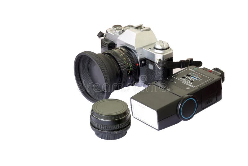 An Old Model Analog Camera with Extender and Flash Stock Photo - Image ...