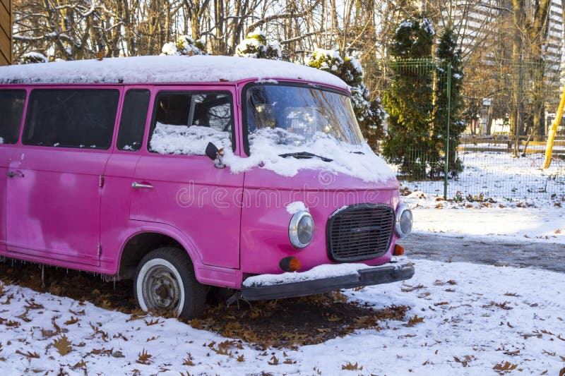 Old Model Car in the Yard. Pink Car. Snow on the Roof of the Car and on ...