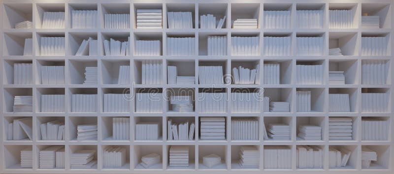 Library with Big White Bookshelf Under Light Effect 3D Rendering Stock ...