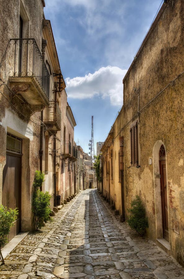 Old and Modern Street in the Village of Erice, Sicily Stock Image ...