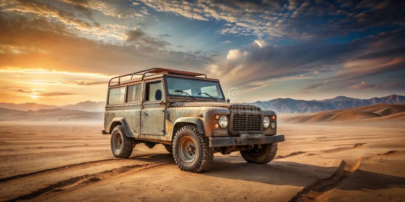 Old Modified Land Rover Defender in a Post Apocalyptic Desert ...