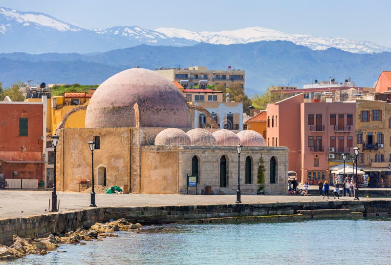 Old Mosque in the Port of Chania on Crete Stock Photo - Image of ...