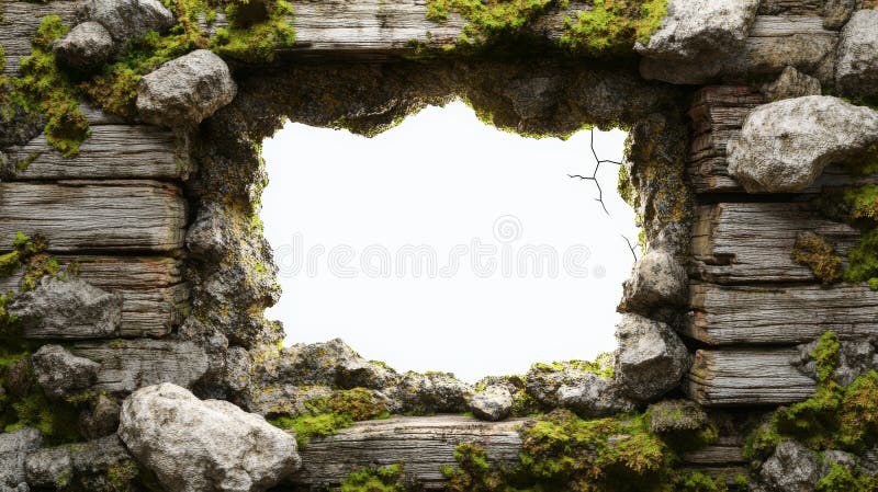 An Old, Mossy Wooden Plank Wall is Breached by a White Hole. Stock ...