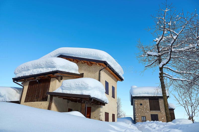 Old Mountain Houses Half-buried by Falling Snow Stock Image - Image of ...