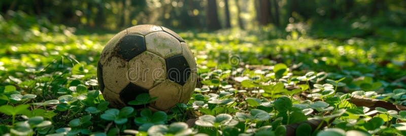 Old, Muddied Soccer Ball Rests in Lush Clover Patch, Sunlight Dappling ...