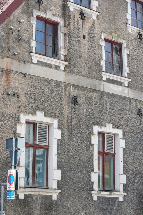 .Old Multi-story Building Wall with Wooden Arches Stock Image - Image ...