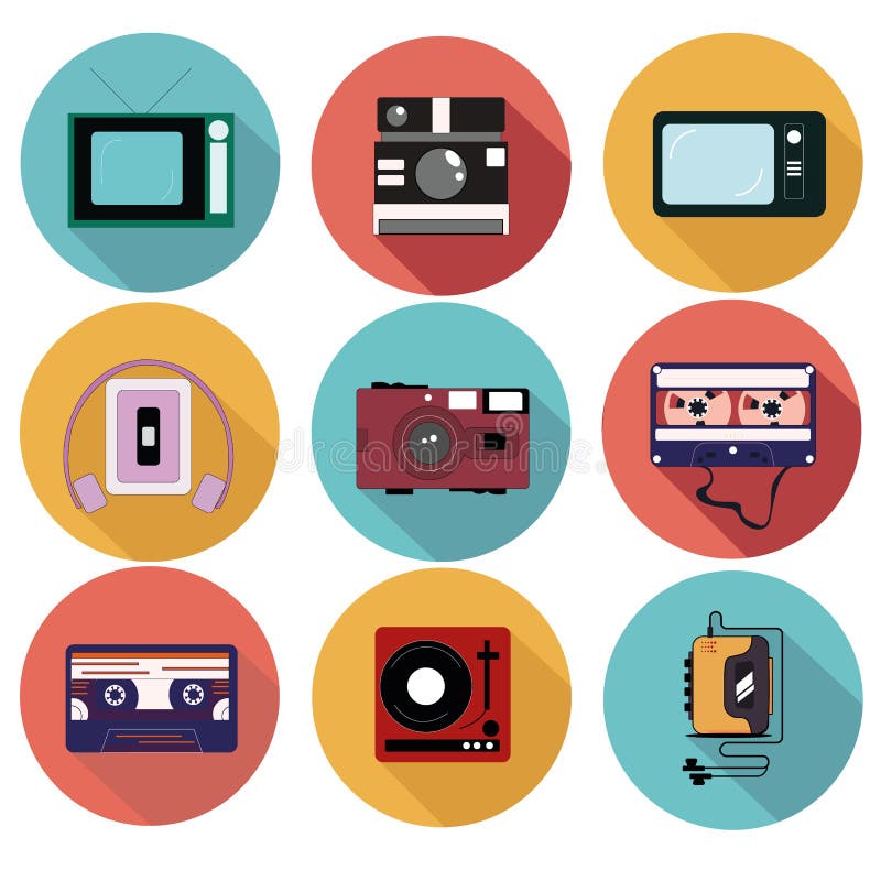 Old Multimedia in the Form of a Set of 9 Icons. Player, TV, Camera ...