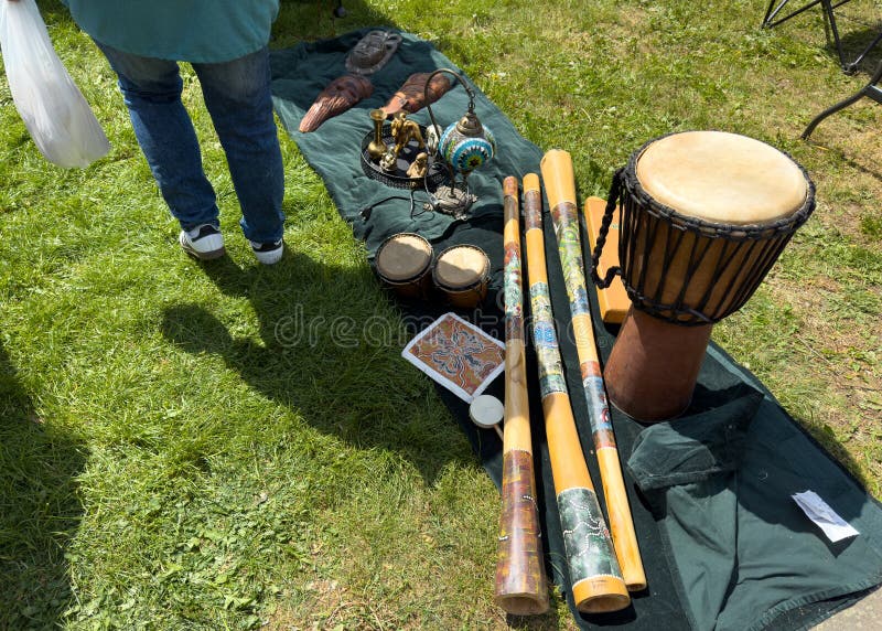 Old Music Instruments Drums and Didgeridoo Stock Image - Image of play ...
