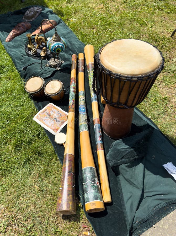 Old Music Instruments Drums and Didgeridoo Vertical Stock Photo - Image ...