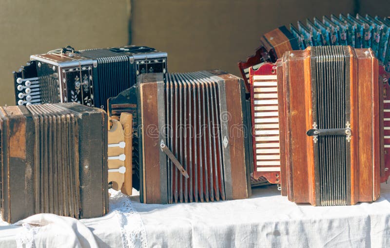 Old Musical Instruments Accordion on the Table Stock Photo - Image of ...
