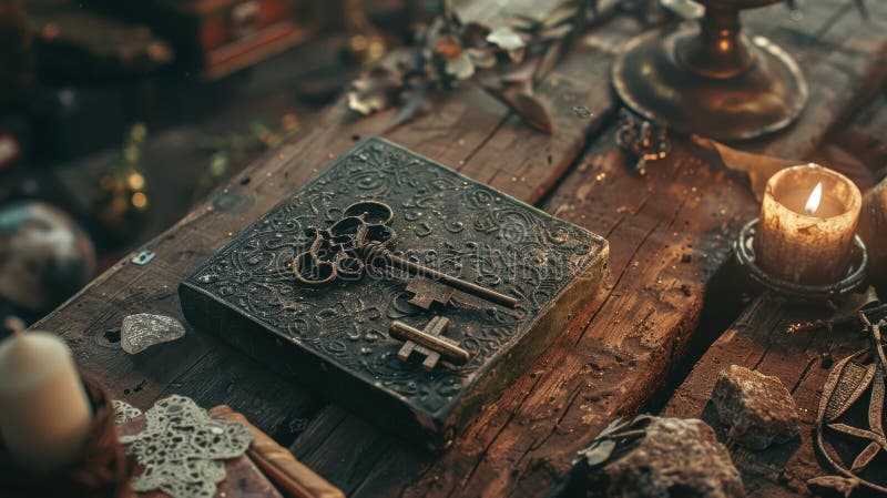 Old Mystical Key Next To Ancient Lock on Rustic Table with Magical ...