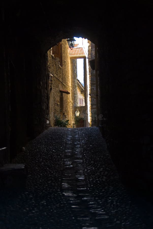 Old narrow alleyway stock image. Image of pedestrian, cobblestones ...