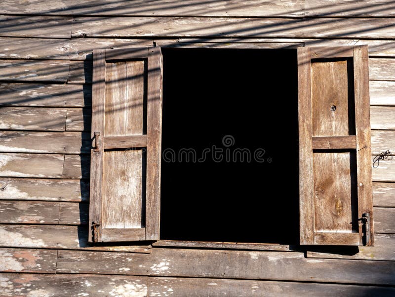 Old Native Wooden Wall with Two Open Windows Stock Photo - Image of ...