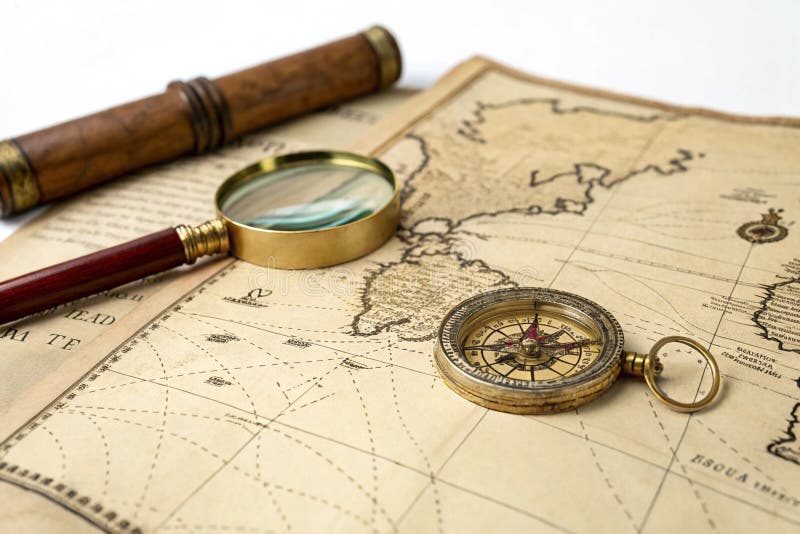 Old Nautical Map with Compass and Loupe. Aged Compass and Magnifying ...