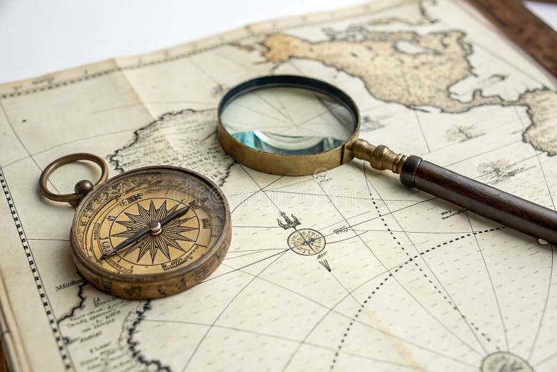 Old Nautical Map with Compass and Loupe. Aged Compass and Magnifying ...