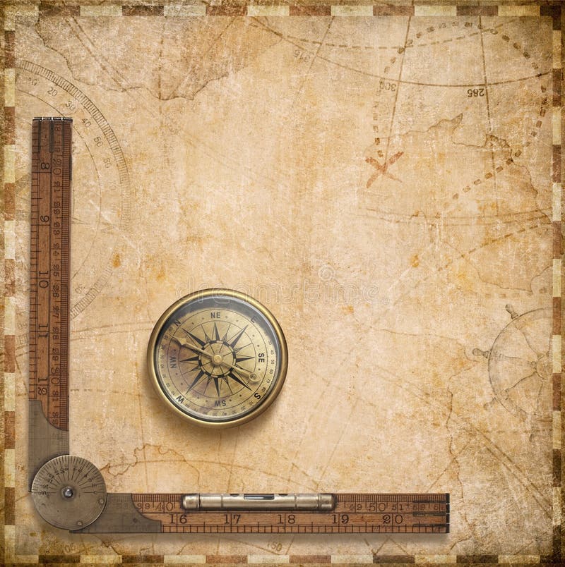 Old Nautical Map with Compass and Ruler Stock Photo - Image of ...