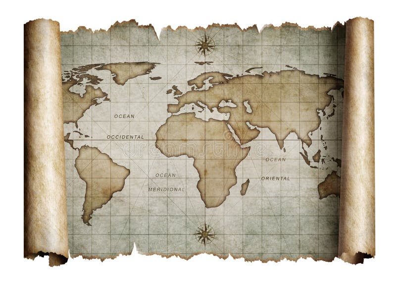 Old Nautical World Map Scroll Isolated Stock Illustration ...