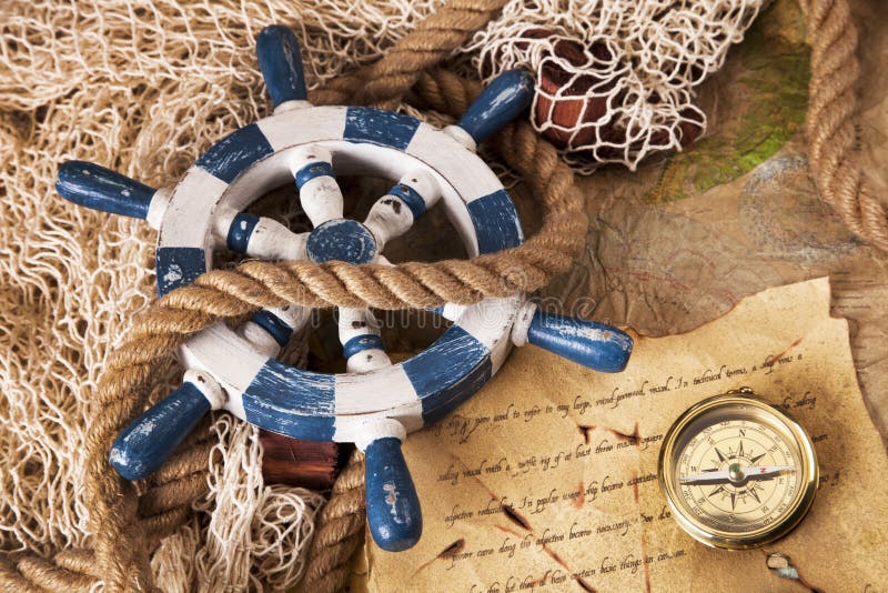Old Navigation Equipment, Rope and Wheel Stock Image - Image of east ...