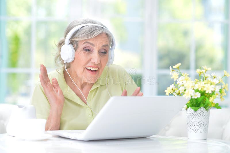 Old Nice Woman Using Laptop at Home Stock Image - Image of elder ...