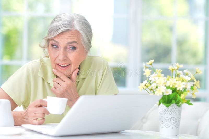 Old Nice Woman Using Laptop at Home Stock Image - Image of wrinkles ...
