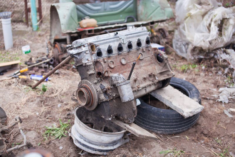Old Not Working Engine Lies on the Field Stock Image - Image of parts ...