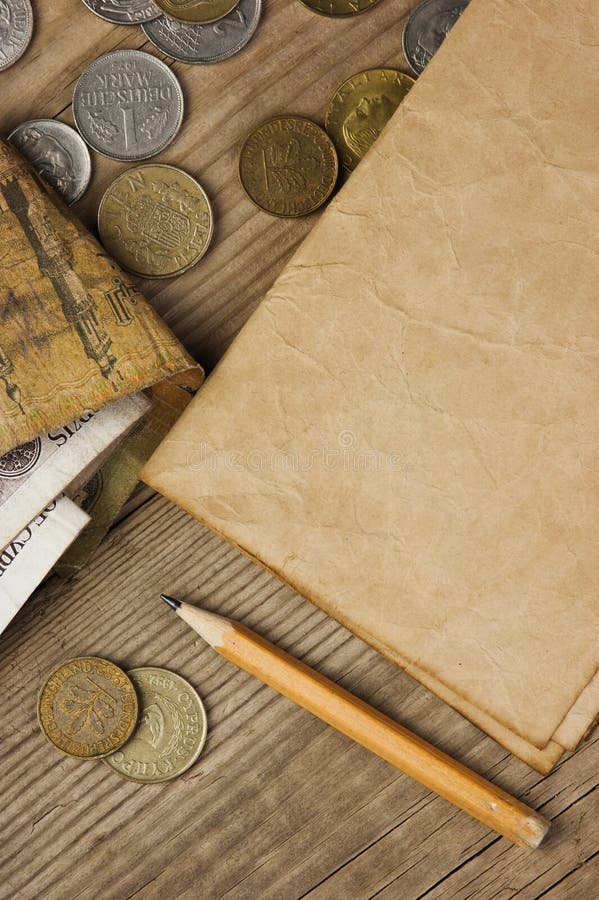 Old Notes and Coins and Pencil Stock Image - Image of silver, economy ...