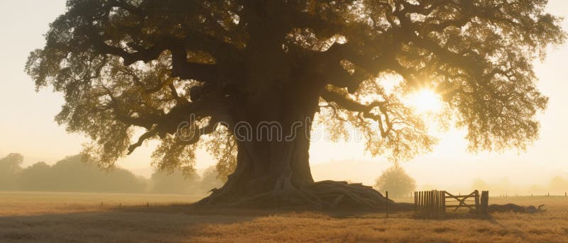 Old Oak Tree Foliage in Morning Light with Sunlight on Emp. Generative ...