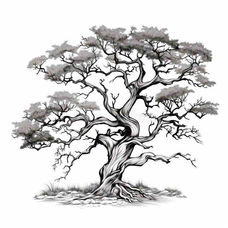 Illustration of a Big Old Tree in the Desert. Vintage Style Stock ...