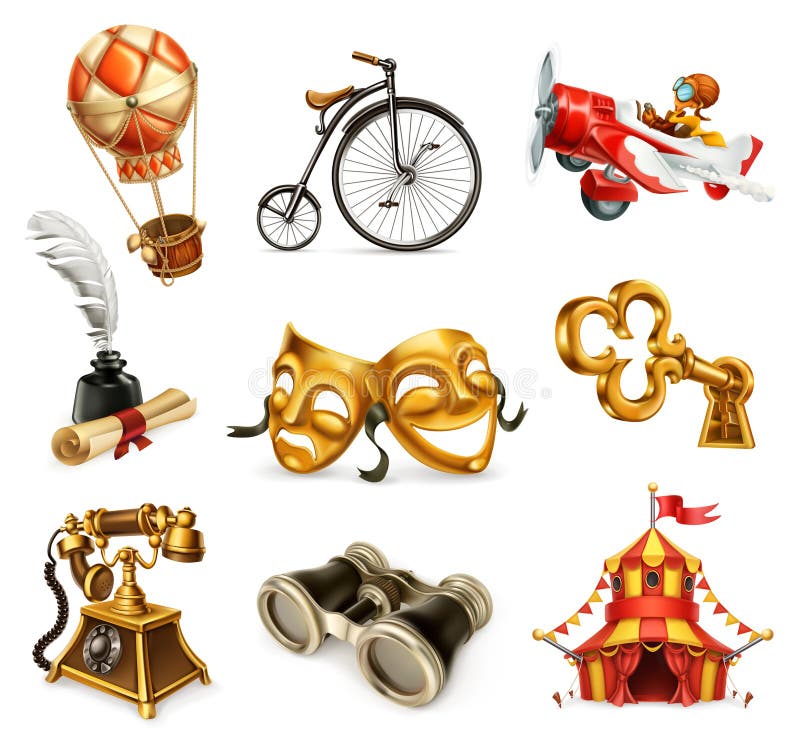 Old Objects. Vintage Icon Set, 3d Vector Stock Vector - Illustration of ...
