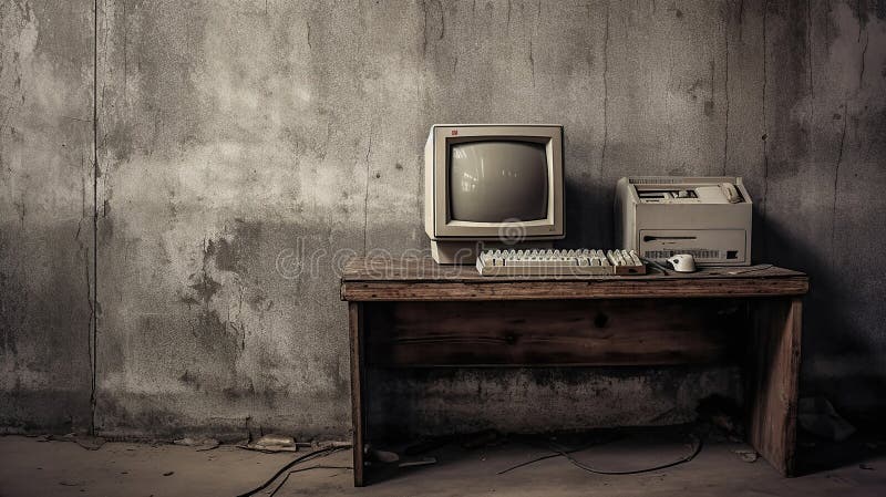 Old and Obsolete Computer on Old Wood Table with Concrete Wall ...
