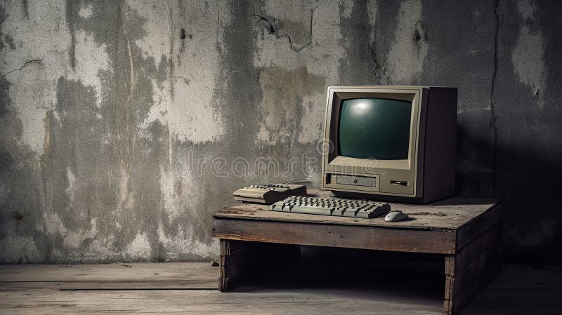 Old and Obsolete Computer on Old Wood Table with Concrete Wall ...