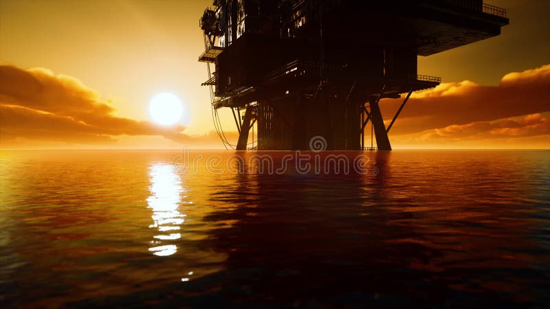Old Oil Platform during Sunset in Ocean Stock Illustration ...
