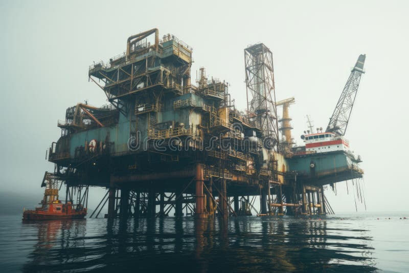 Old Oil Station, Well on the Sea Stock Illustration - Illustration of ...