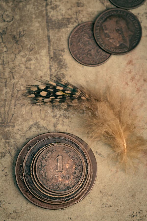 Old One Cent Coin on Stack of World Coins Stock Photo - Image of ...