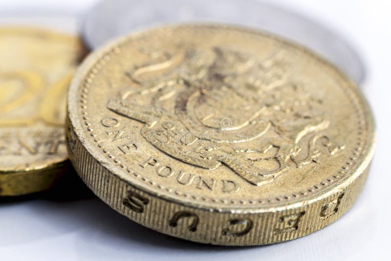 Euro Coin and British One Pound Coin on a Pile of Coins. the Con ...