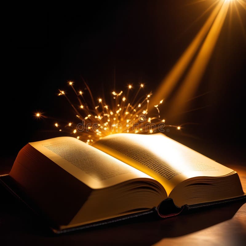 Old Open Book with Magic Light and Falling Stars on Wood Planks and ...