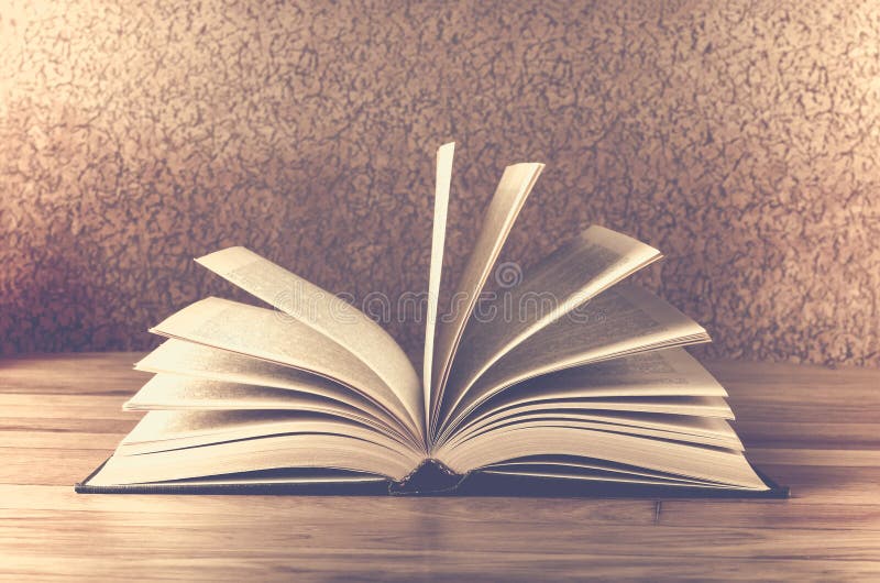 Old Open Book on Wooden Table Stock Photo - Image of book, archive ...