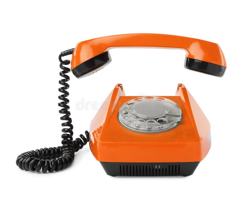 Old Orange Telephone with Rotary Dial Isolated on White Stock Image ...