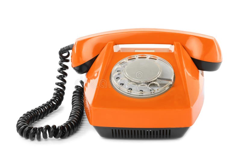 Old Orange Telephone with Rotary Dial Isolated on White Stock Image ...