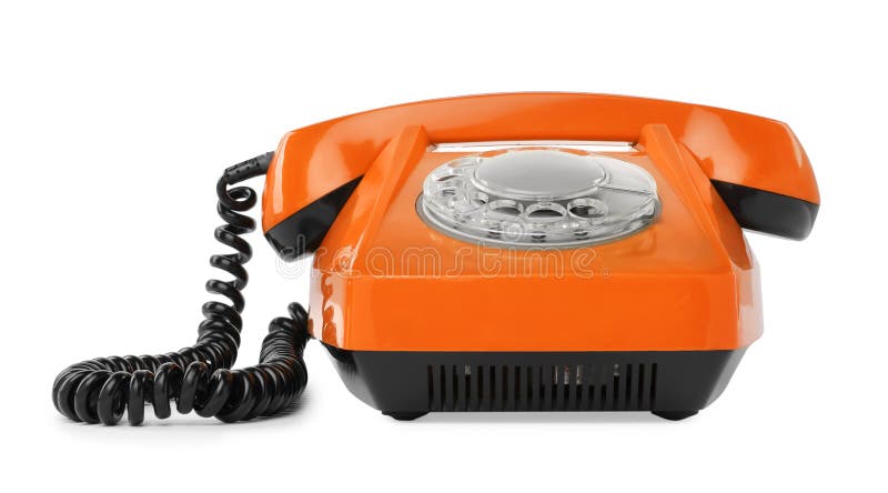 Old Orange Telephone with Rotary Dial Isolated on White Stock Image ...