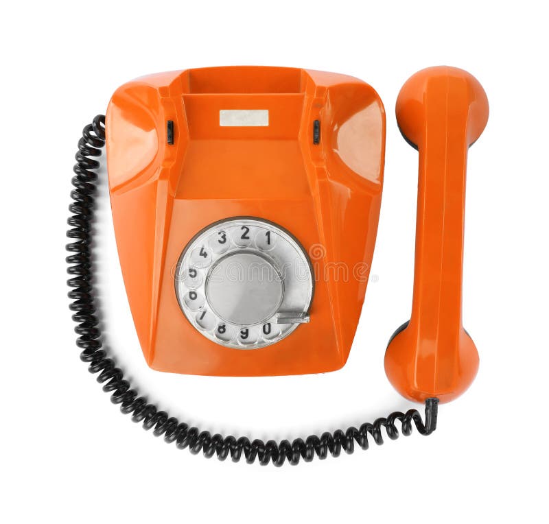 Old Orange Telephone with Rotary Dial Isolated on White, Top View Stock ...