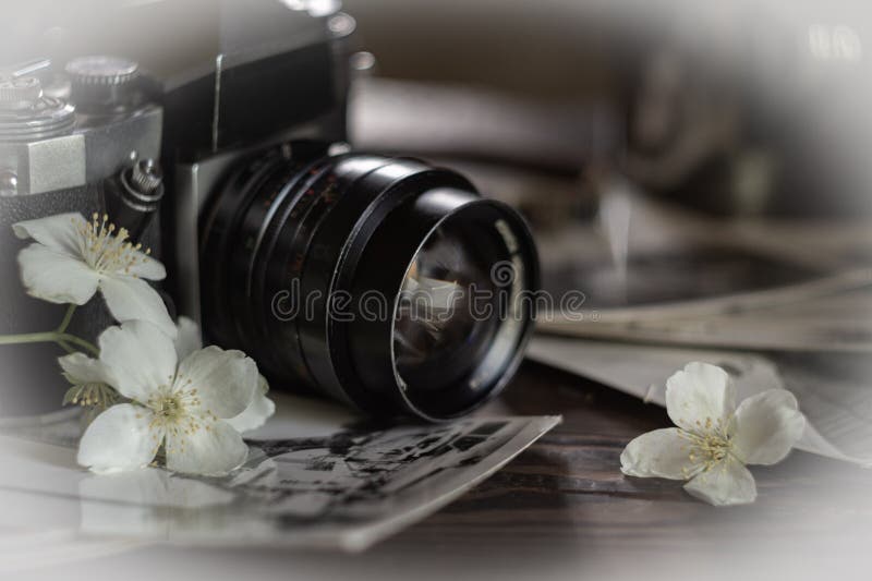 Old Outdated Camera and Black and White Photo Stock Image - Image of ...