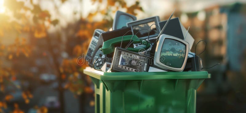 Old and Outdated Electronics in a Green Trash Bin. Captured during ...